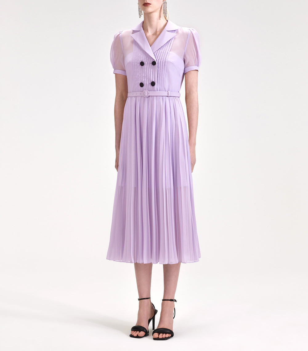 Self-Portrait Chiffon Pleated Collar Midi Dress Lilac | Rustan's