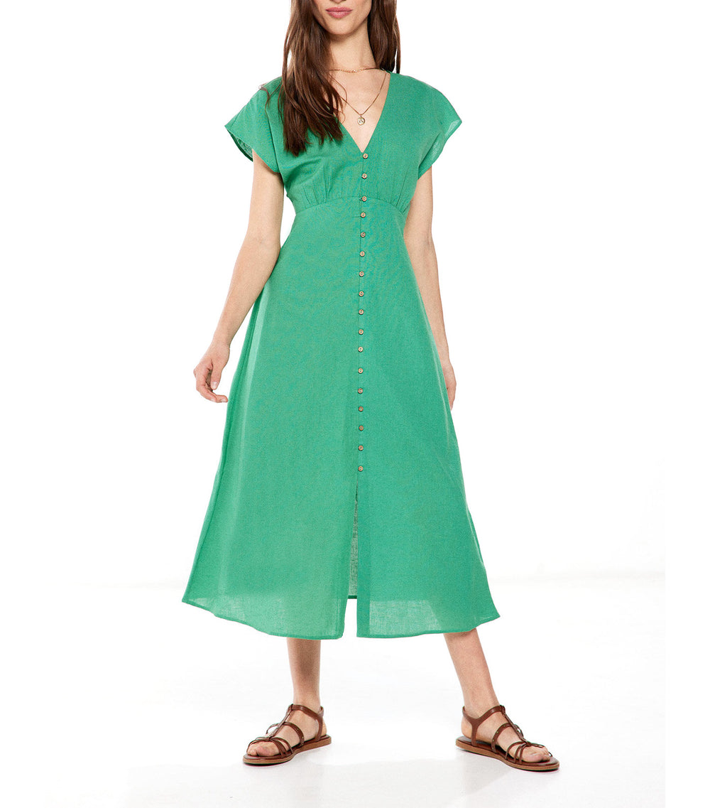 Springfield Linen Button Midi Dress Green | Rustan's